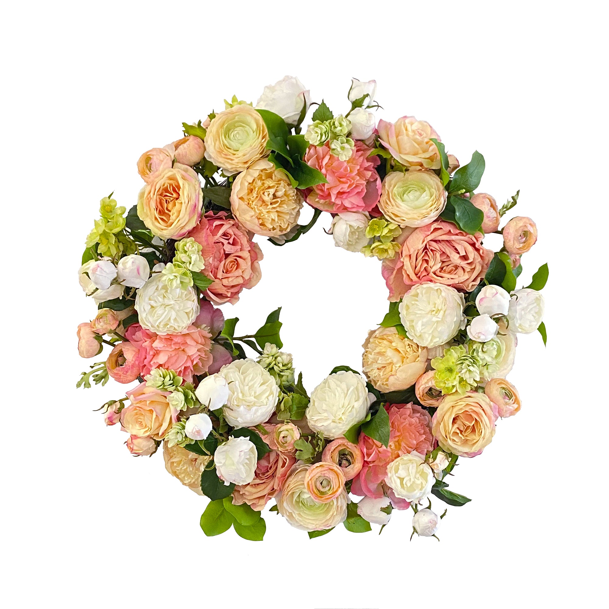 Luxury Faux Rose & Ranunculus Wreath 24", Multicolor Pink/Peach/White ...
