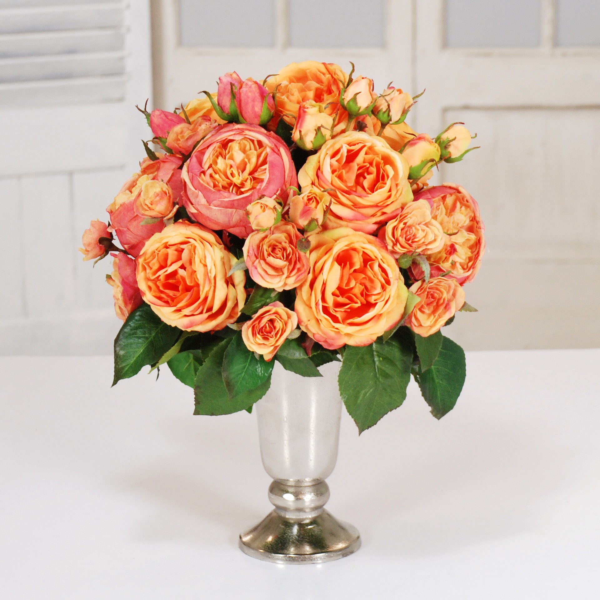 Orange Roses in Silver Trumpet Vase 16" | Winward Home